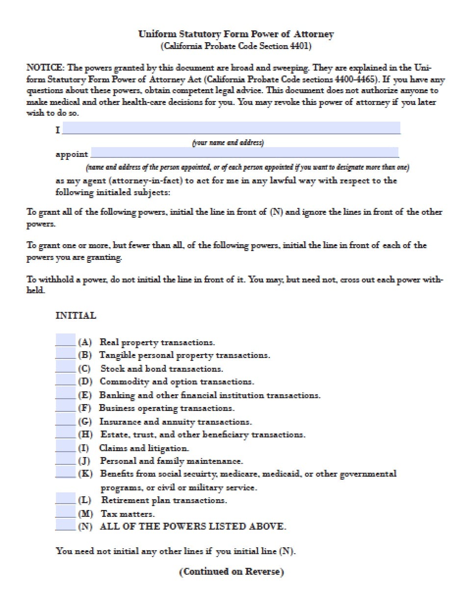 California Durable Financial Power Of Attorney Form Power Of Attorney 