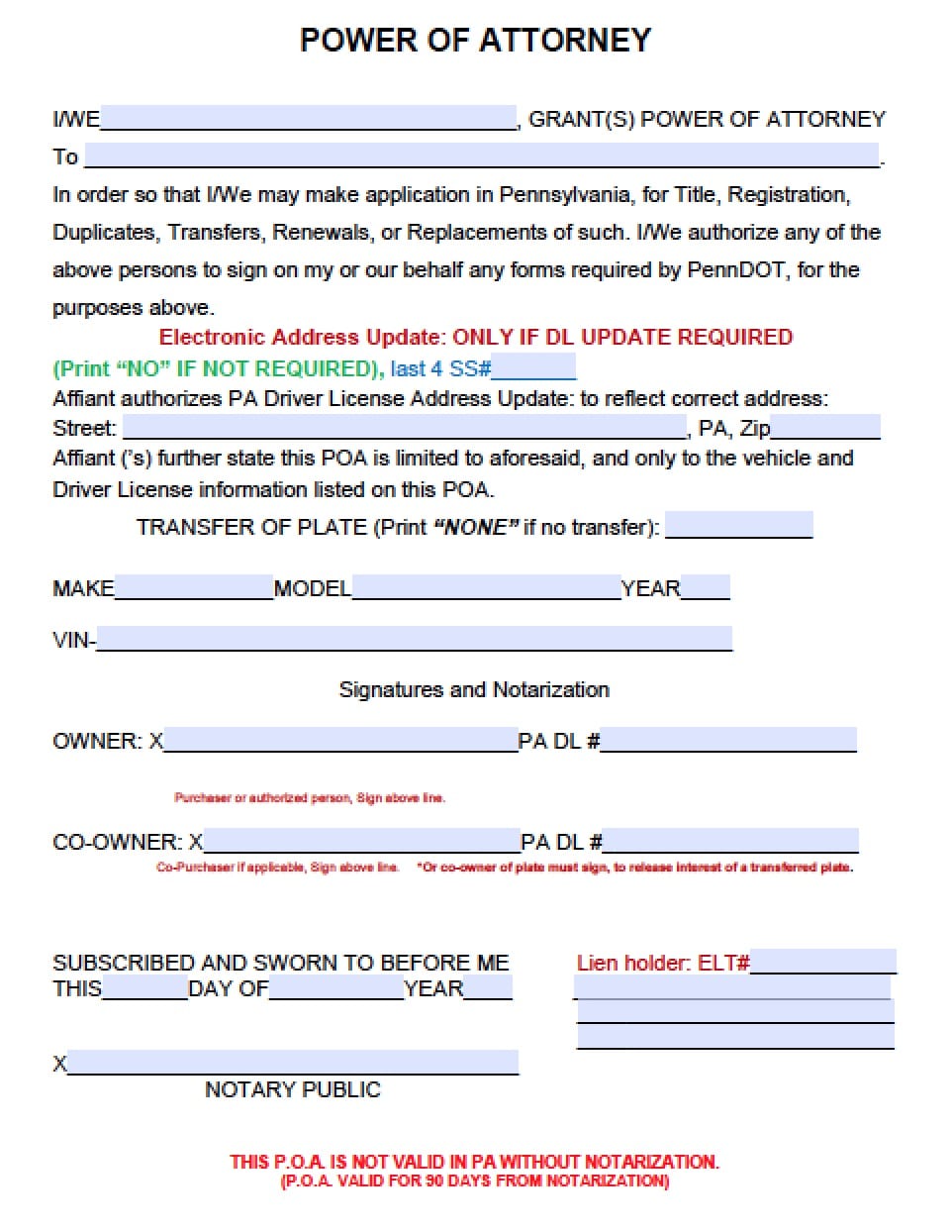 Pennsylvania Vehicle Power of Attorney Form - Power of Attorney : Power of Attorney