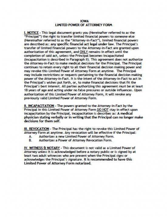 Iowa Limited (Special) Power of Attorney Form - Power of Attorney ...